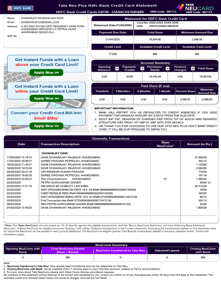 HDFC Bank Credit Card Statement 2025 | PDF | Credit Card | Financial ...