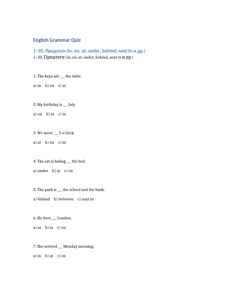English Grammar Quiz: Prepositions & Wh-Questions | PDF