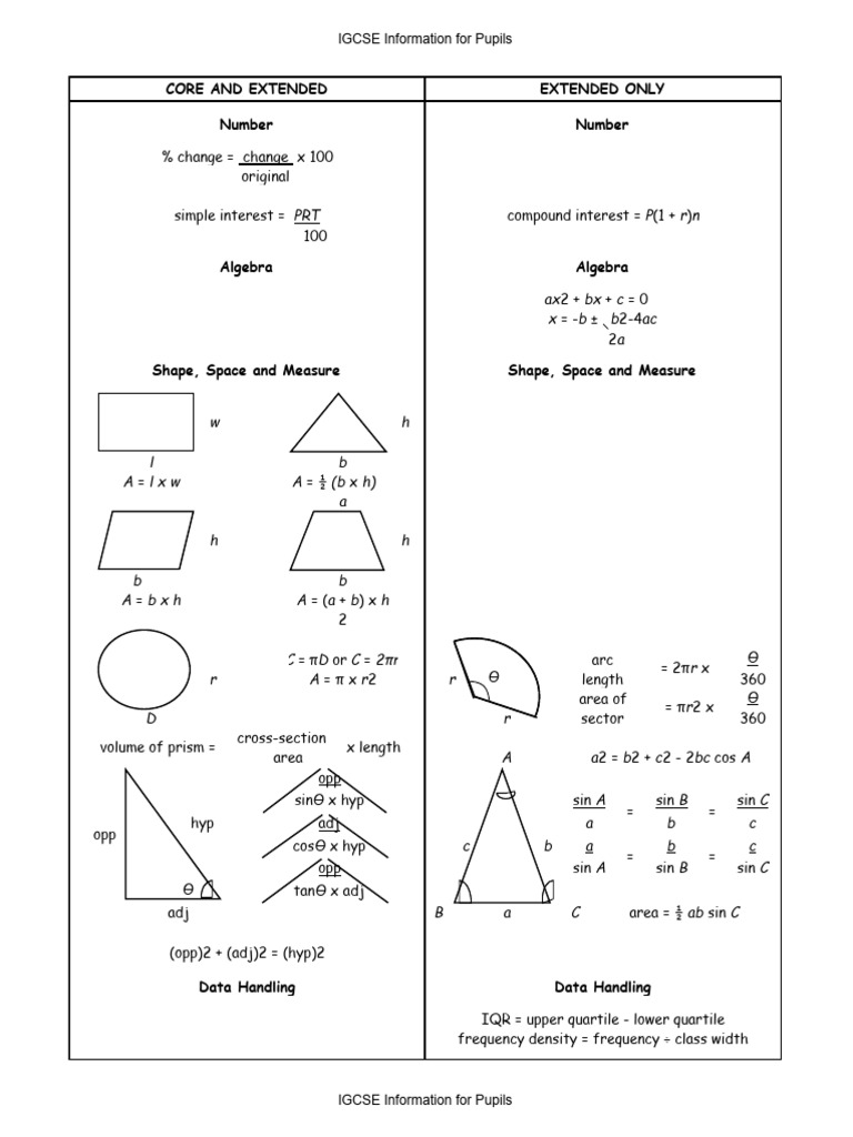IGCSE Information For Pupils - Formulas IGCSE | PDF | Geometry ...