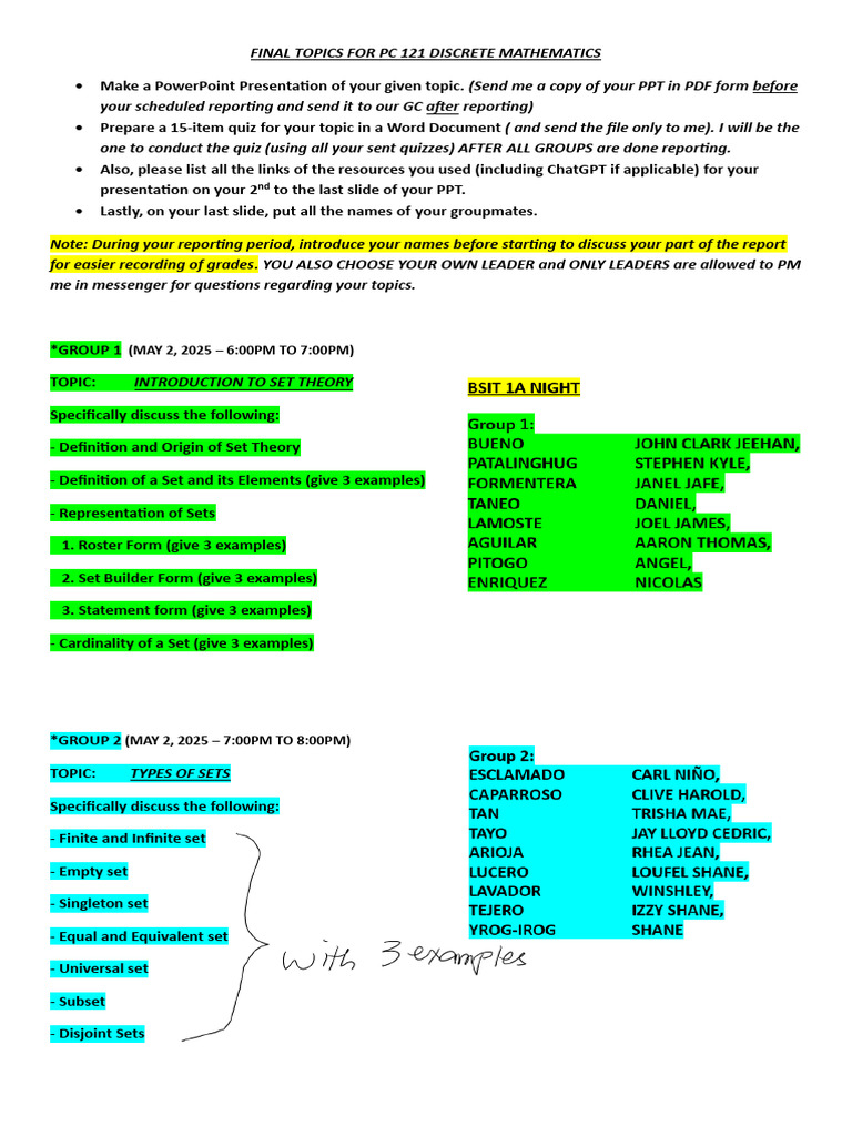 Final Topics For PC 121 Discrete Mathematics 1a Night | PDF | Set ...