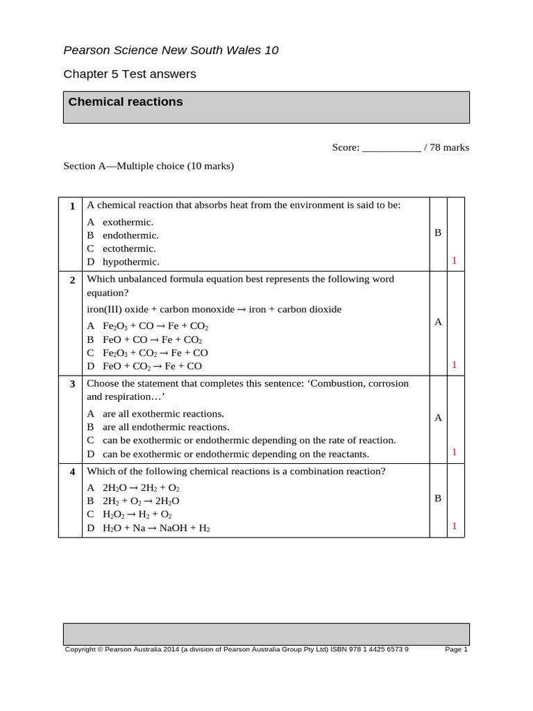 NSW 10 Science Chapter 5 Test Answers | PDF | Chemical Reactions ...
