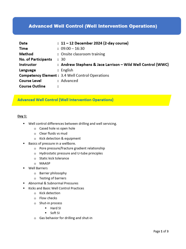 Course Outline - Advanced Well Control - Well Intervention Operations ...