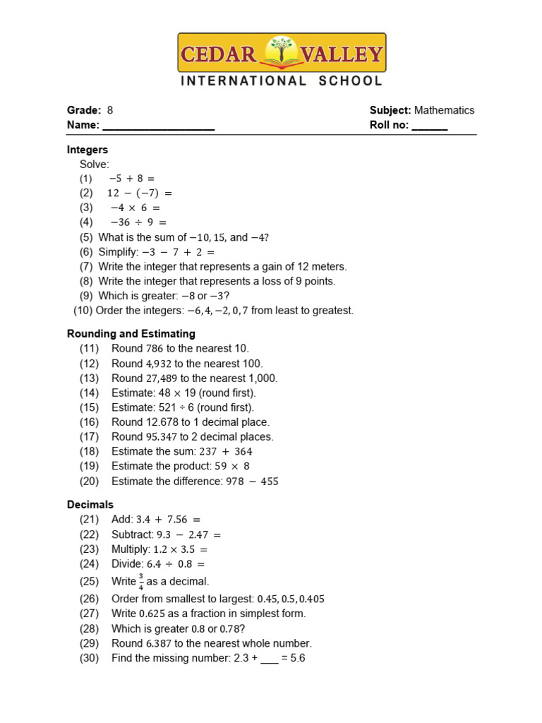 G8_Math_Summer_Worksheet | PDF | Numbers | Decimal