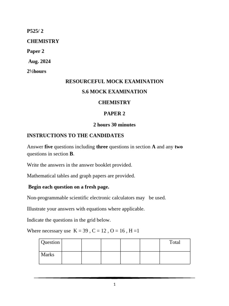 s.6 Chem Paper 2 Mock Aug 2024 | PDF | Acid | Distillation