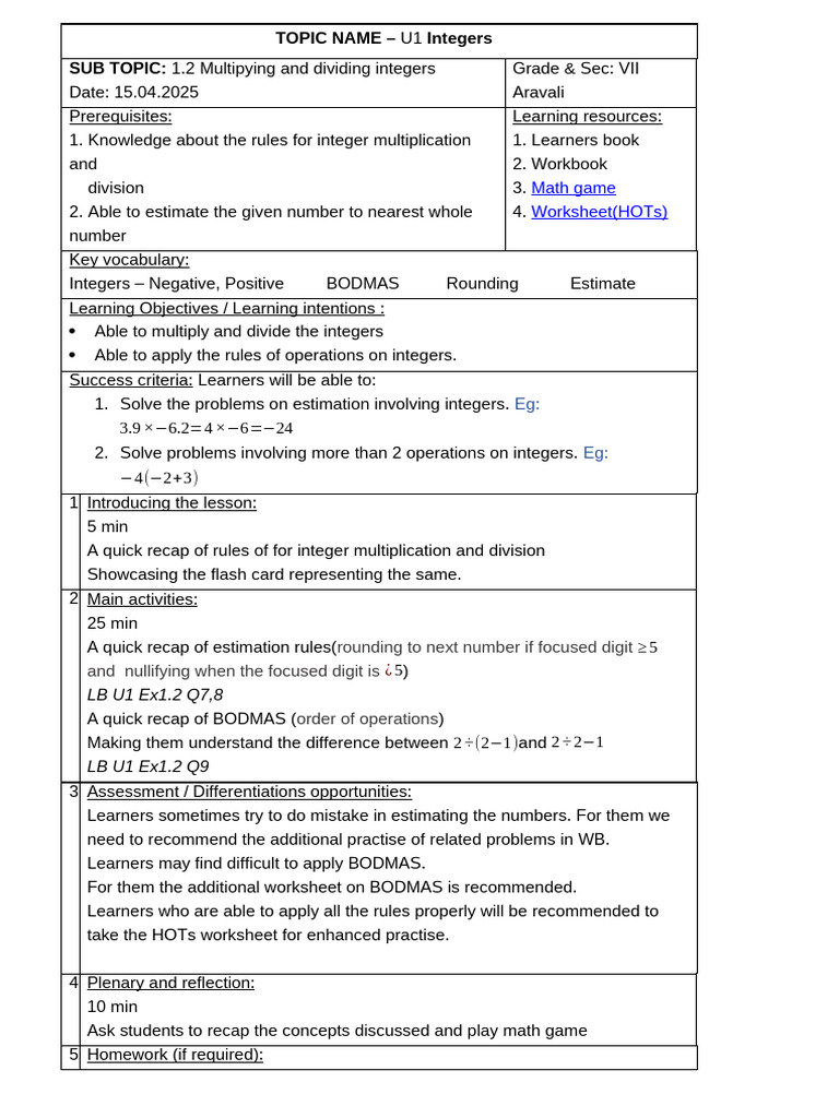 Lesson Plan - Grade 7 - U1 - 1.2 Mul and Div of Integers | PDF