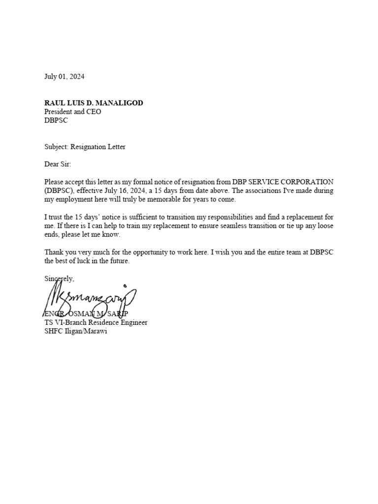 Resignation Letter For SHFC Signed | PDF