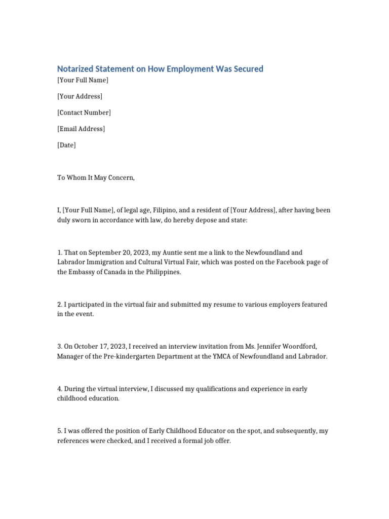 Notarized Statement Employment Secured | PDF