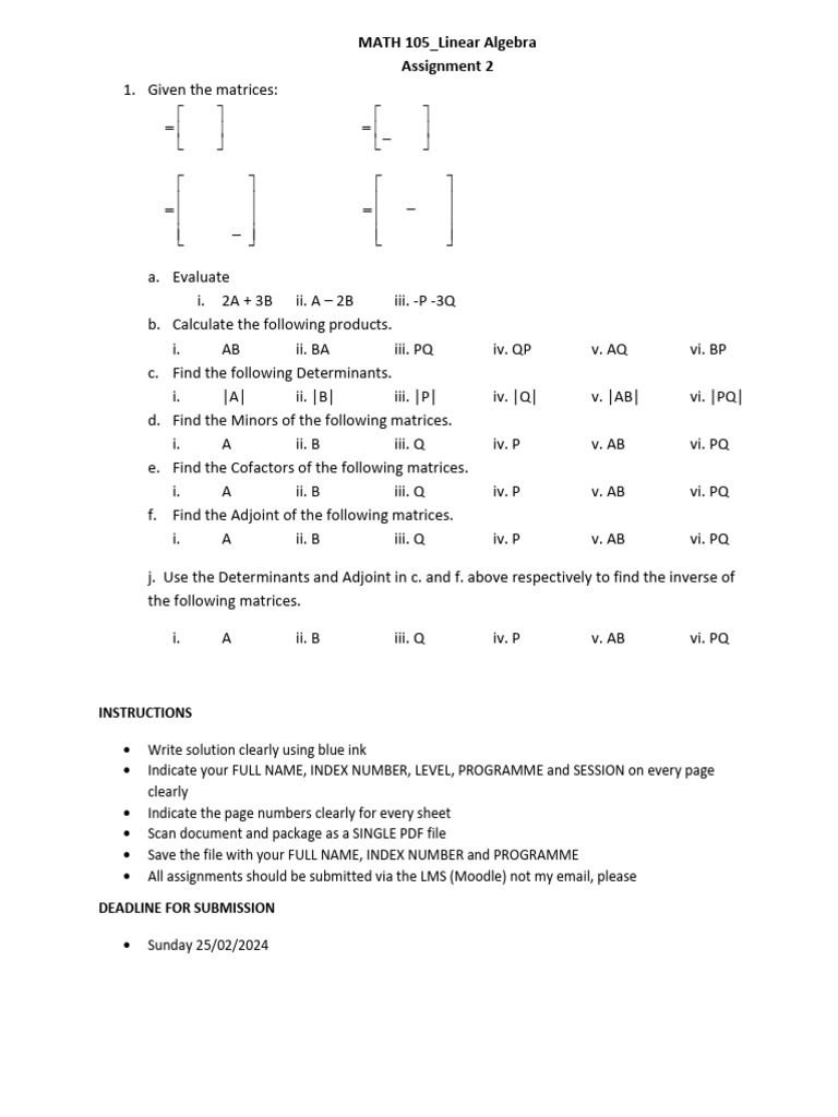 Assignment 2 - MATH 105 - Linear Algebra | PDF