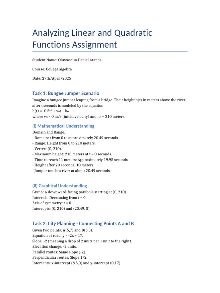 Analyzing Linear and Quadratic Functions Assignment With Graphs | PDF