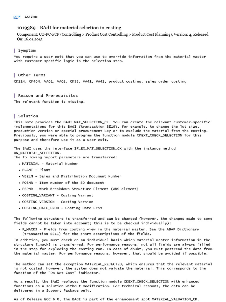 E - 1019389 - BAdI For Material Selection in Costing | PDF | Software | Software Development
