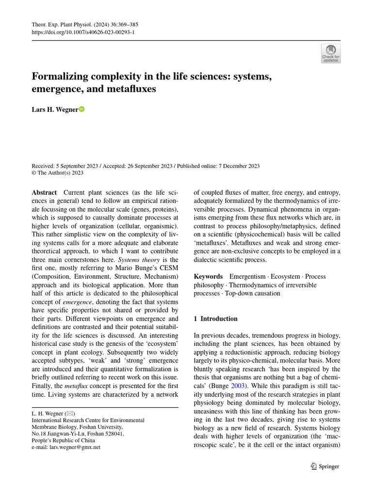 Formalizing complexity in the life sciences: systems, emergence, and metafluxes | PDF ...