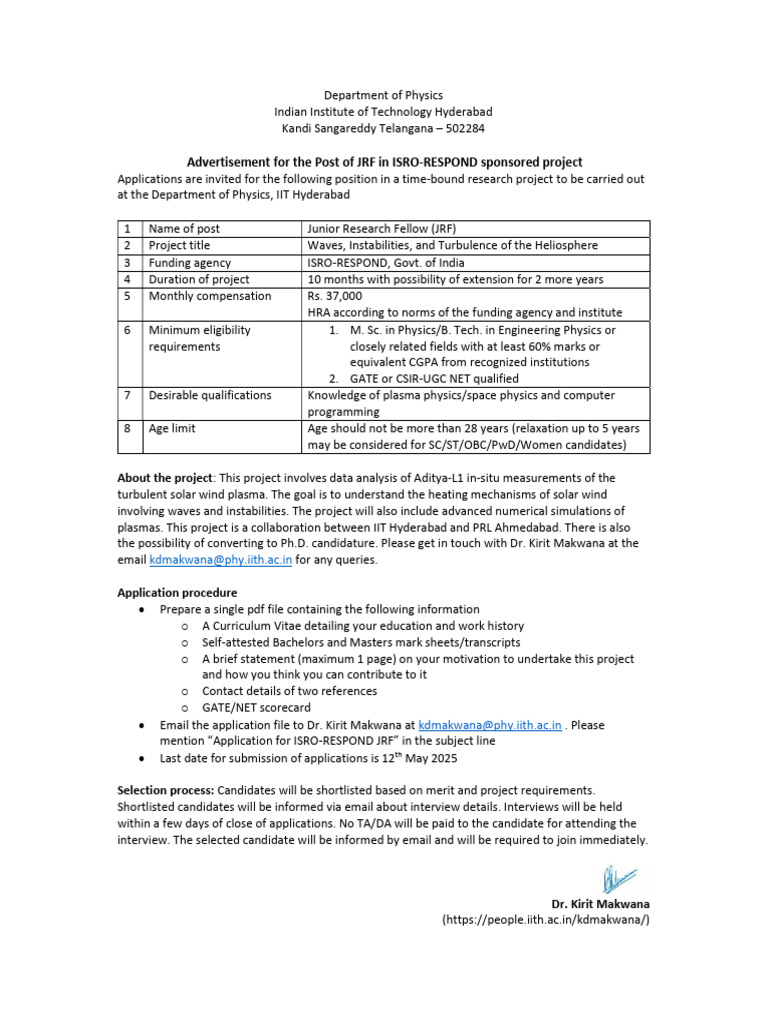 JRF Position in ISRO-RESPOND Project | PDF