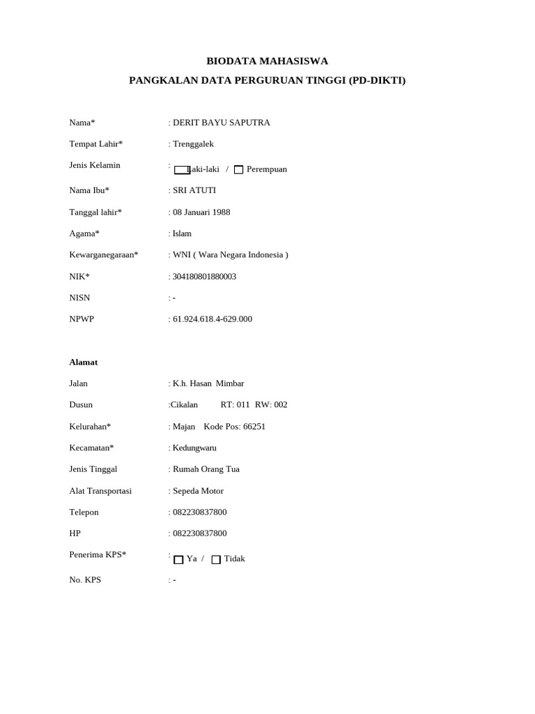 Format Biodata Mahasiswa | PDF