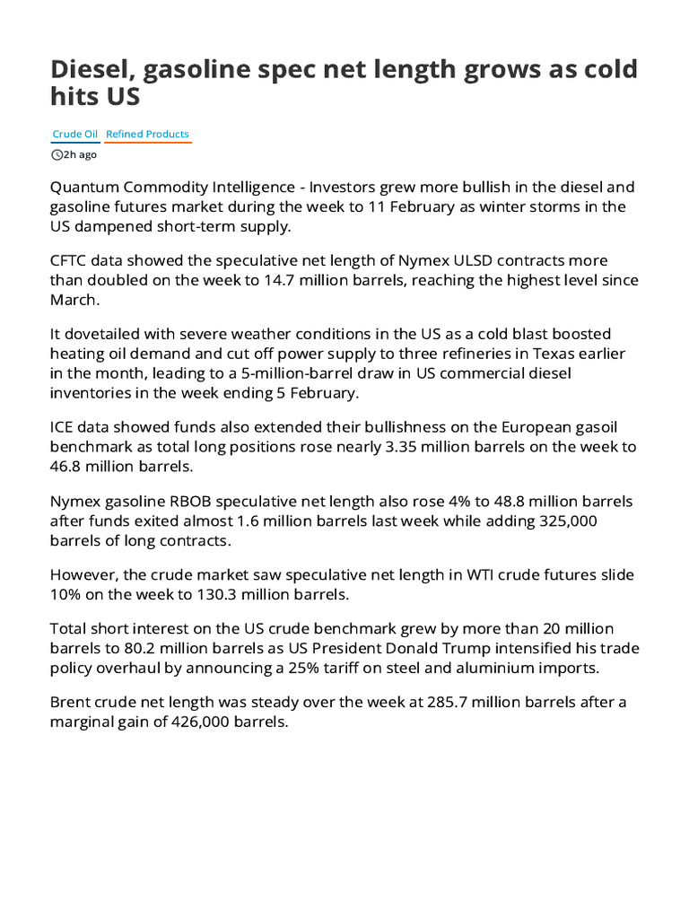 Diesel, Gasoline Spec Net Length Grows As Cold Hits US | PDF