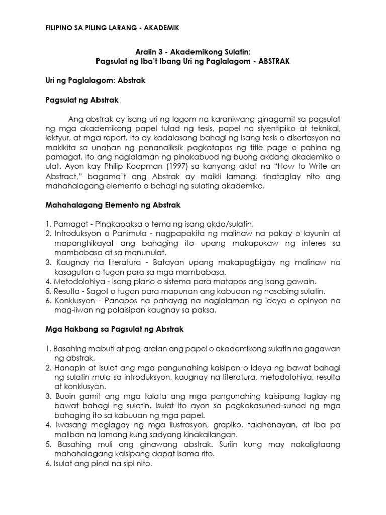FSPLA Q1 ARALIN3 Pagsulat NG Ibat Ibang Uri NG Paglalagom Abstrak HANDOUT | PDF