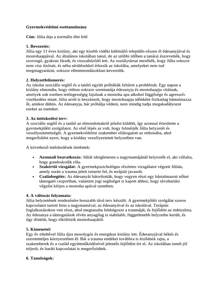 Gyermekvédelmi Esettanulmány JÚLIA | PDF