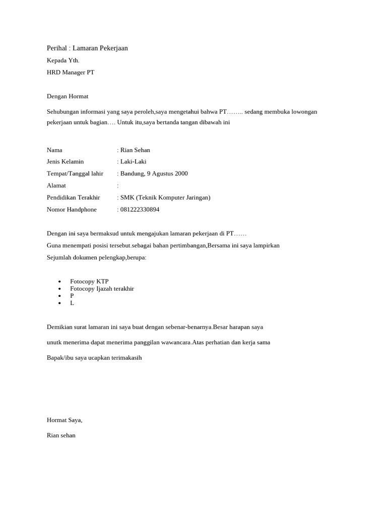 Lamaran Pekerjaan (Rian Sehan) | PDF