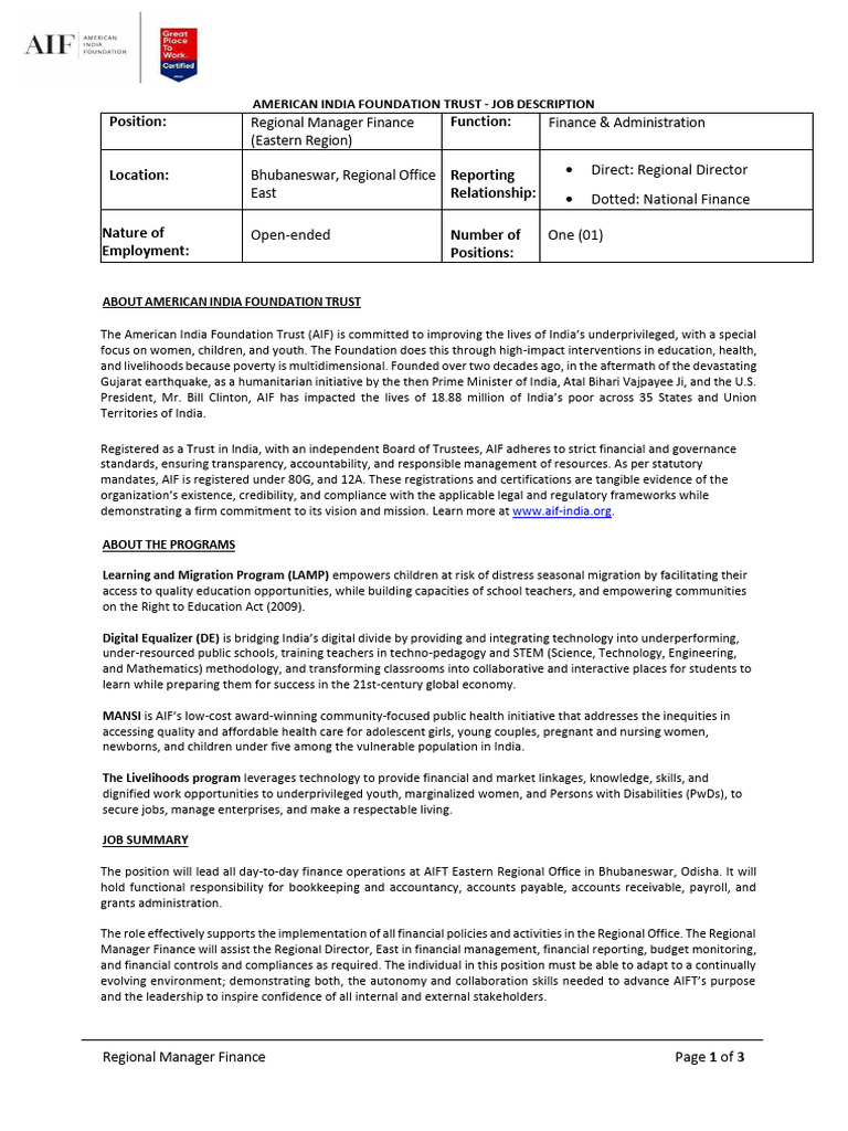 JD Regional Finance Manager Bhubaneswar East | PDF | Audit | Regulatory ...