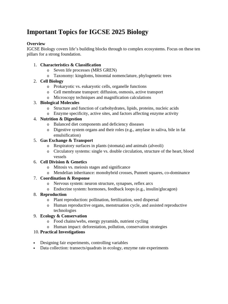 Important Topics For IGCSE 2025 Biology | PDF