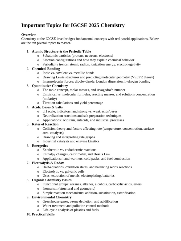 Important Topics For IGCSE 2025 Chemistry | PDF | Chemical Reactions ...