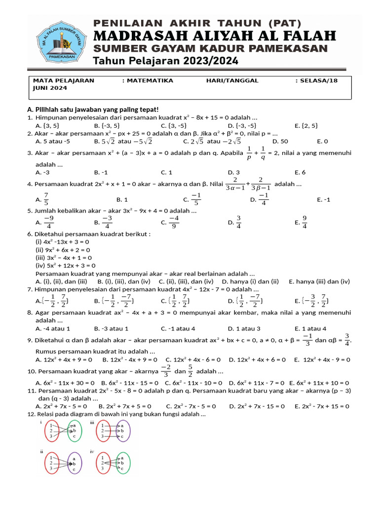 SOAL PAT MTK XC & XD | PDF