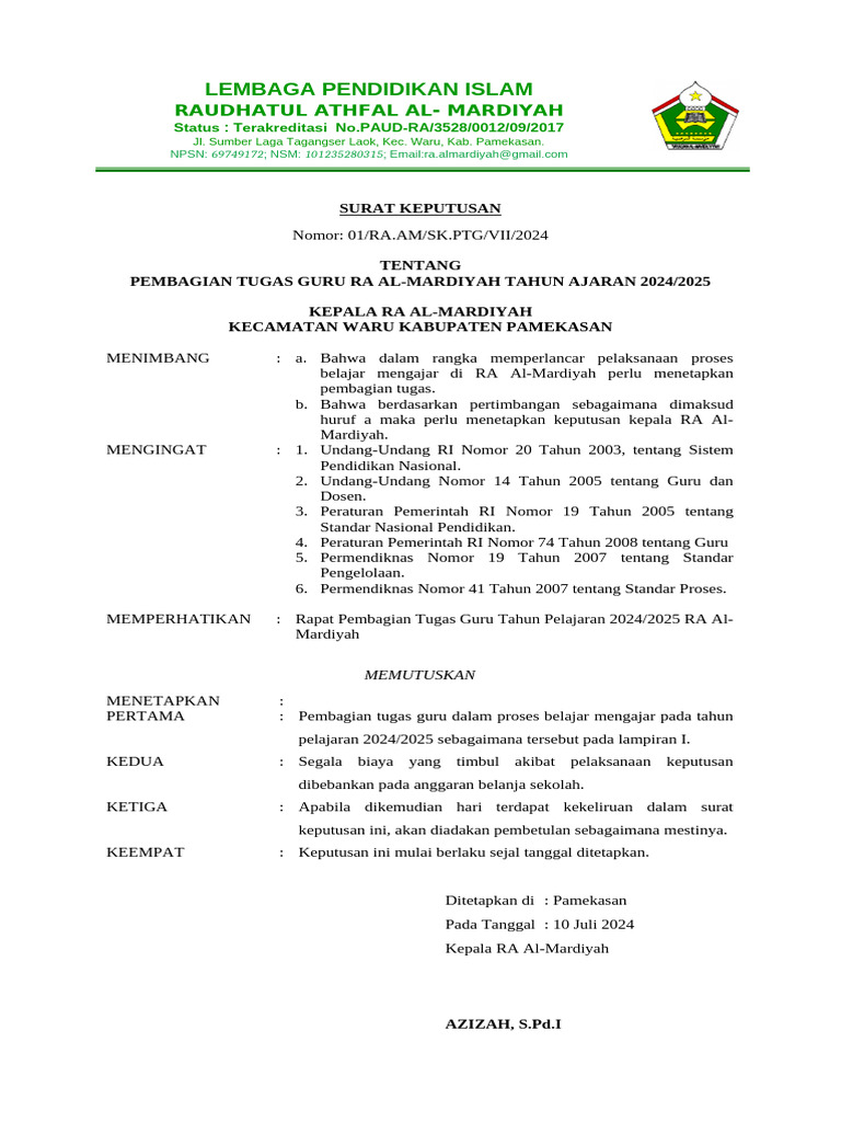 SK Pembagian Tugas Guru Ra 2022 2023 | PDF