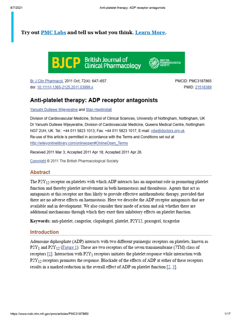 Anti-platelet therapy_ ADP receptor antagonists | PDF | Platelet ...