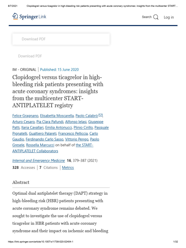Clopidogrel Versus Ticagrelor in High-Bleeding Risk Patients Presenting With Acute Coronary ...