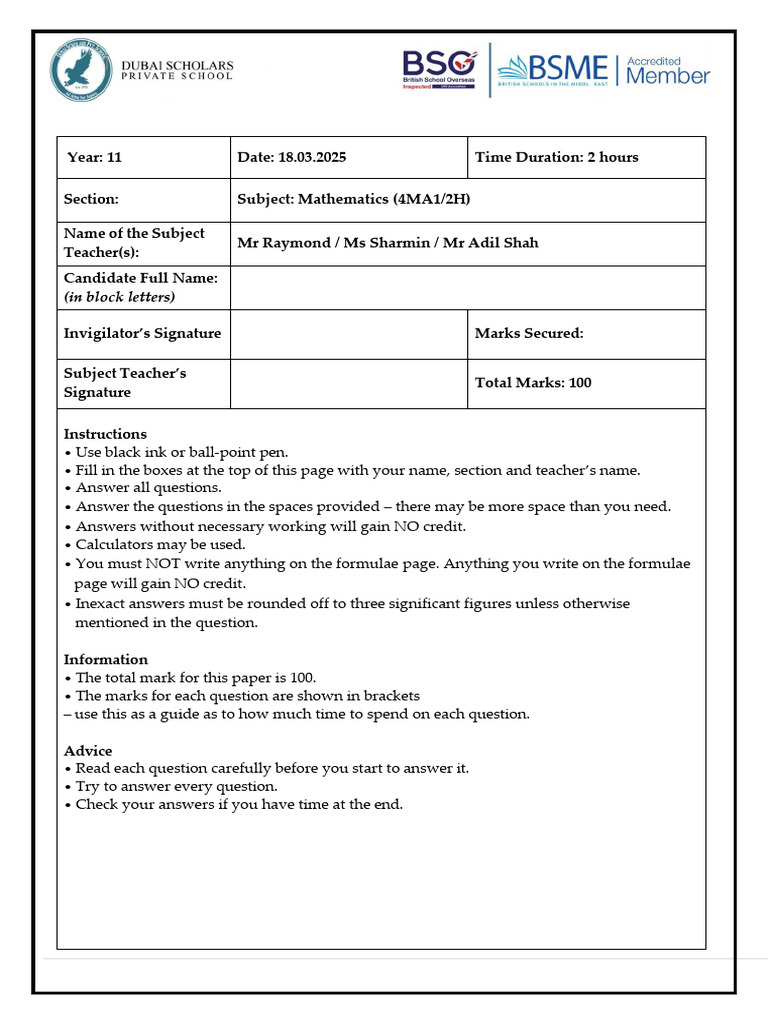 QP Year 11 Maths 2H Mock Exam 2025 | PDF