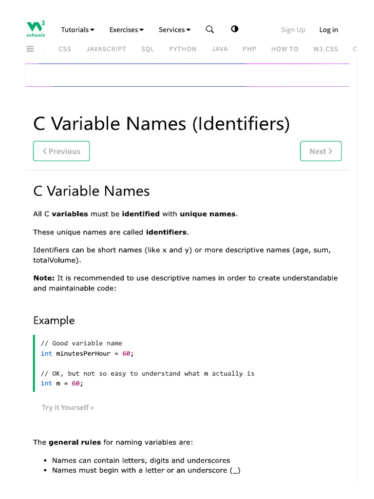 C Variable Names (Identifiers) | PDF