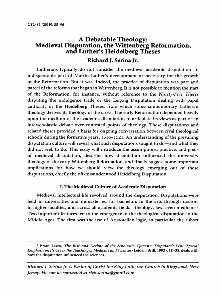 A Debatable Theology Medieval Disputation, The Wittenberg Reformation ...