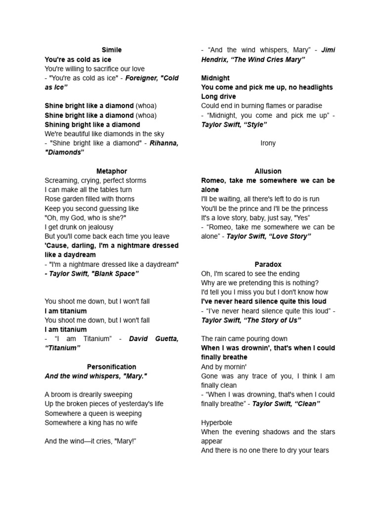 Figurative Language Songs | PDF