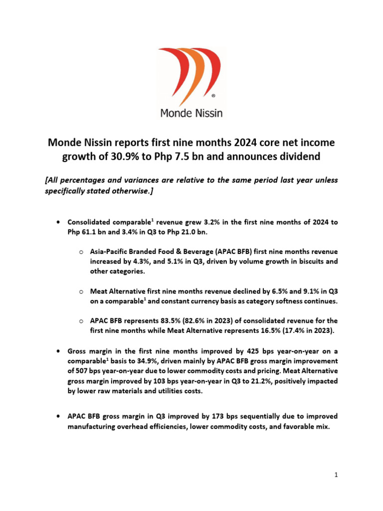 MONDE 9M 2024 Press Release | PDF | Equity (Finance) | Money