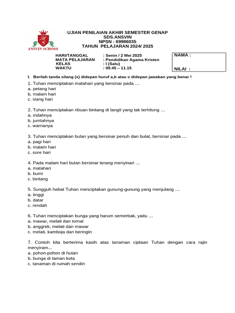 SOAL UAS PAK LV 1 2025 | PDF