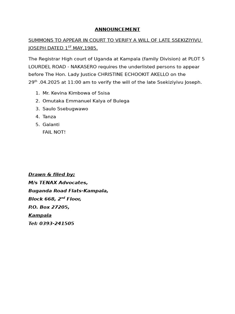 Court Summons for Will Verification | PDF