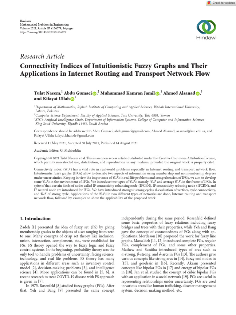 Mathematical Problems in Engineering - 2021 - Naeem - Connectivity Indices of Intuitionistic ...