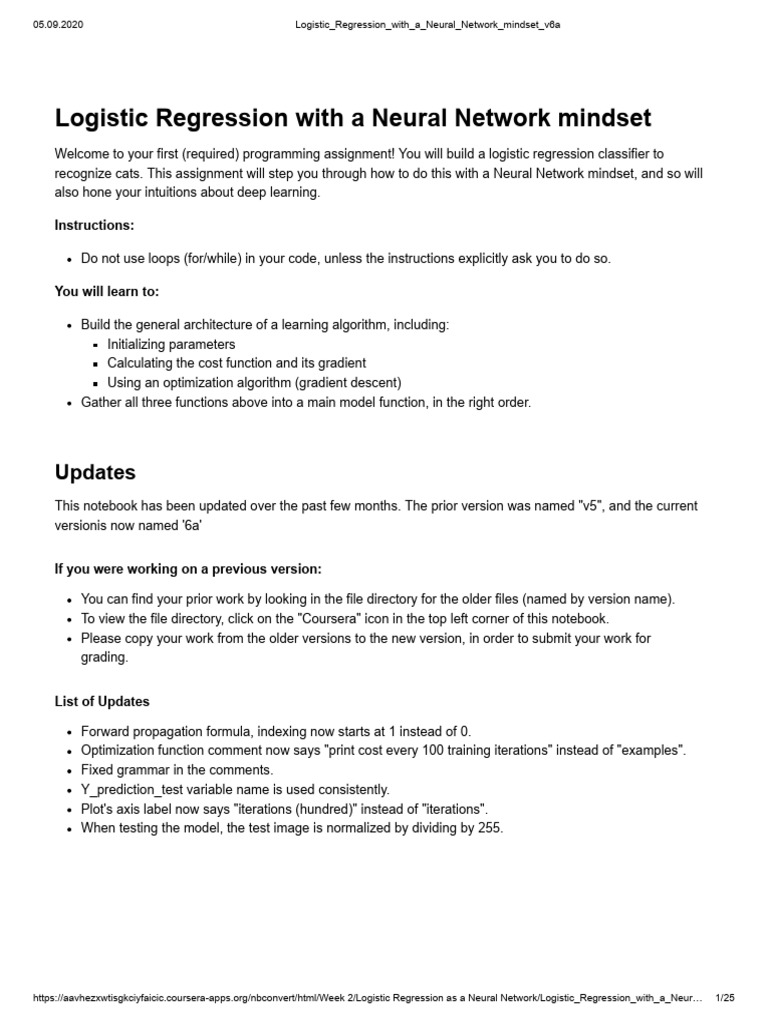 Logistic Regression With A Neural Network Mindset V6a | PDF | Applied Mathematics | Algorithms
