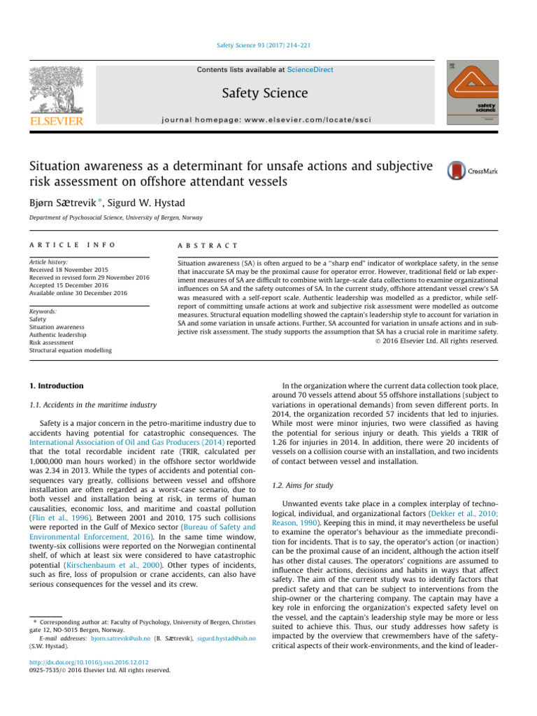 Situation Awareness As A Determinant For Unsafe Actions and Subjective ...