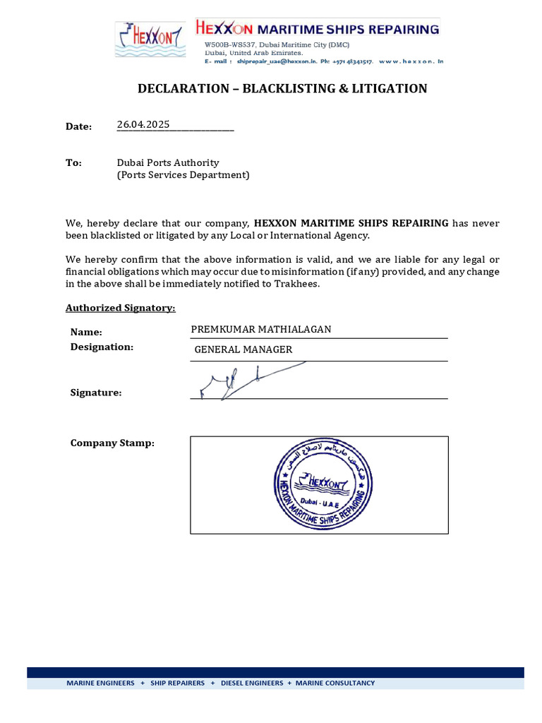 Declaration - Blacklisting & Litigation | PDF