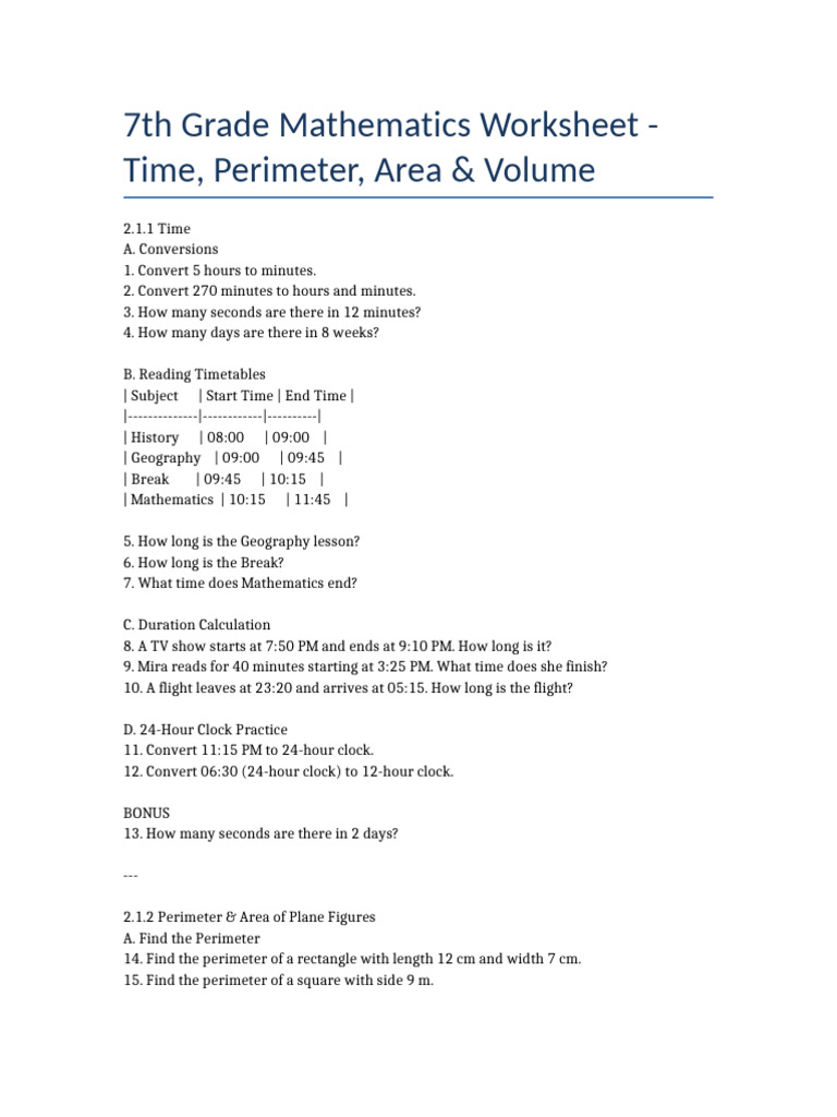 7th Grade Math Full Worksheet | PDF