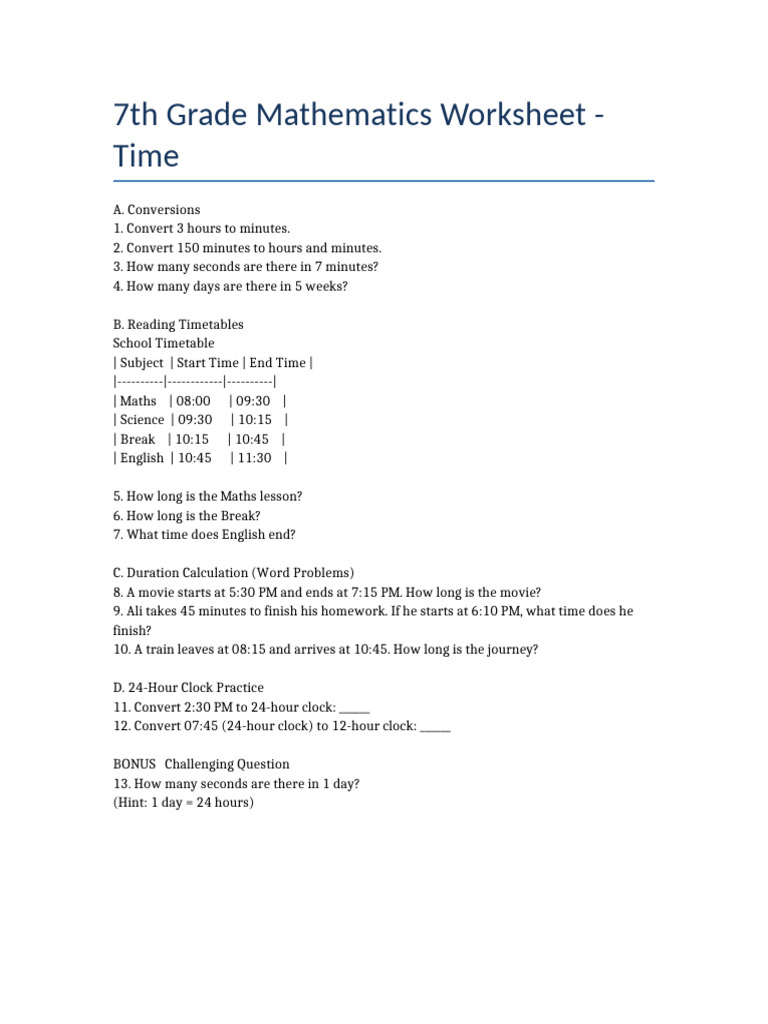 7th_Grade_Math_Worksheet_Time | PDF