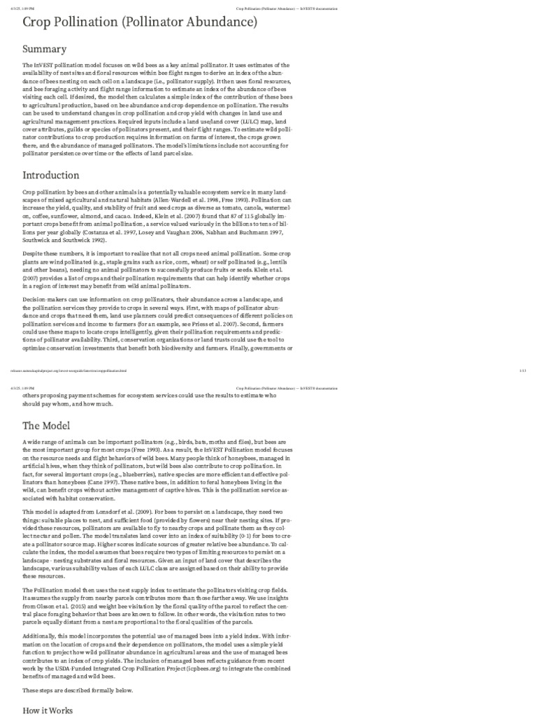 Crop Pollination (Pollinator Abundance) - InVEST® Documentation | PDF | Pollination | Honey Bee