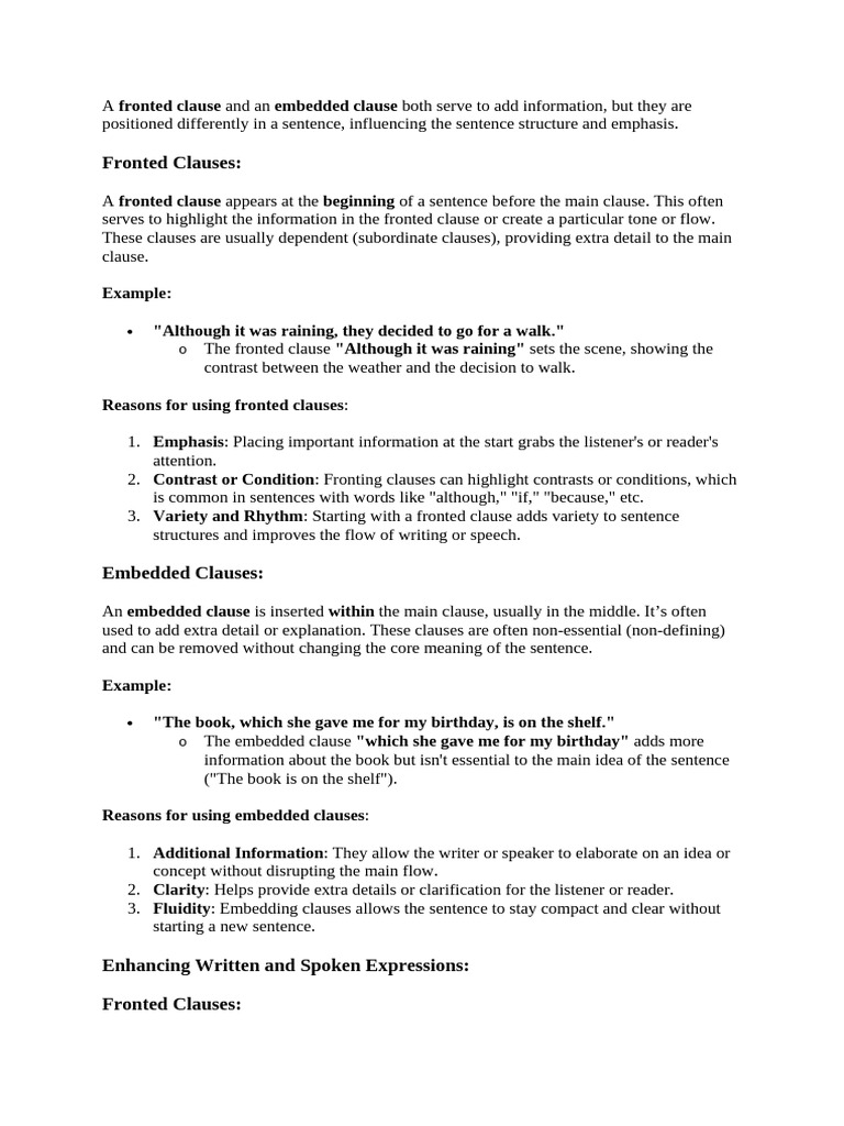 A Fronted Clause and An Embedded Clause Both Serve To Add Information ...