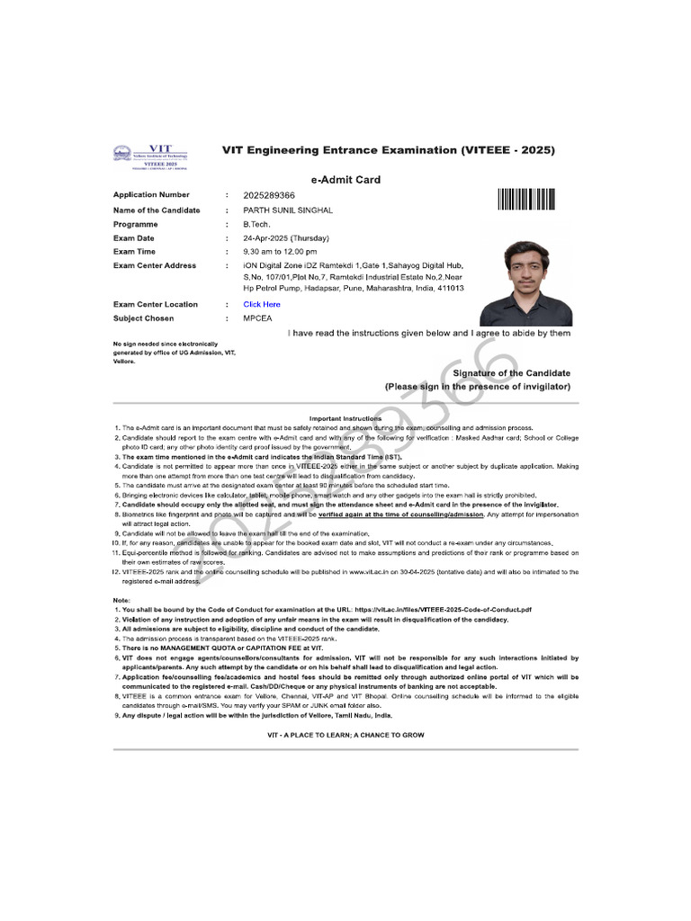 Viteee Admit Card | PDF