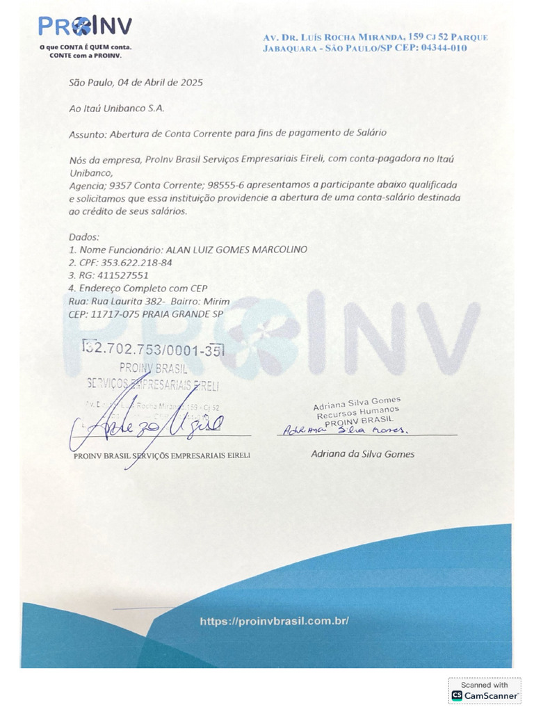 Carta de Abertura de Conta - Alan Luiz Gomes | PDF