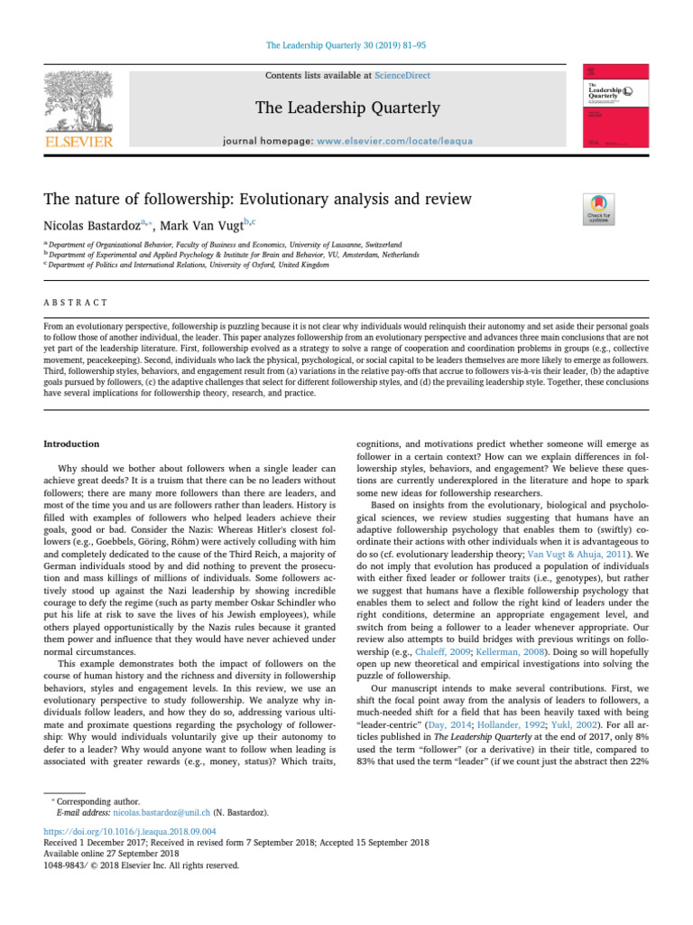 The Nature of Followership: Evolutionary Analysis and Review | PDF | Leadership | Evolution