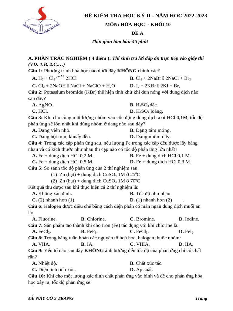 22 - 23. Hóa 10 - Hkii - Thpt Võ Thị Sáu - Tphcm - Dinh Doan Nam Anh | PDF