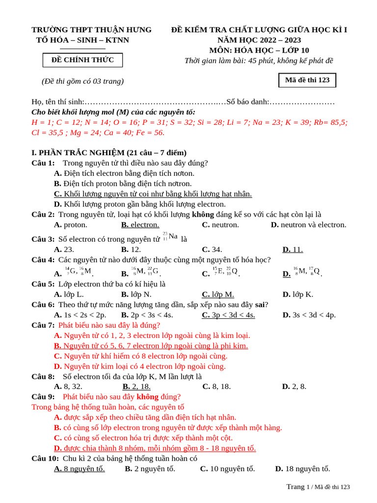 22-23. Hóa 10 GKI. THPT THuận Hưng. Cần Thơ. Dhvinh2029@Gmail - Vinh Đỗ Hoàng | PDF