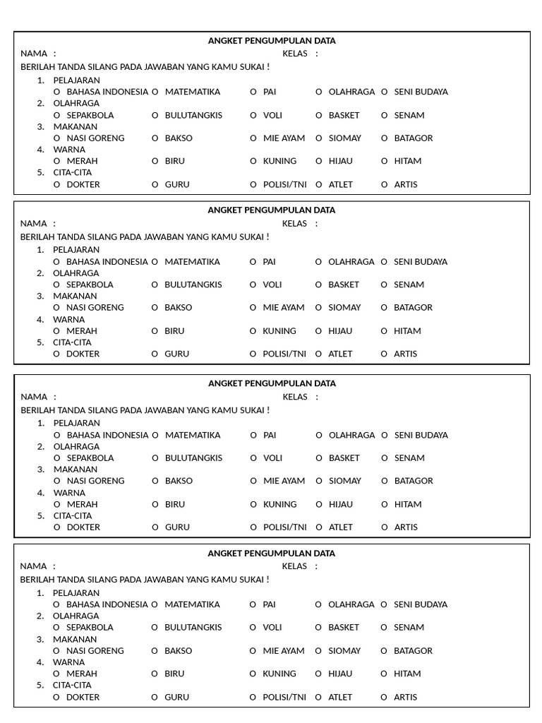 Angket Pengumpulan Data Kelas 5 | PDF