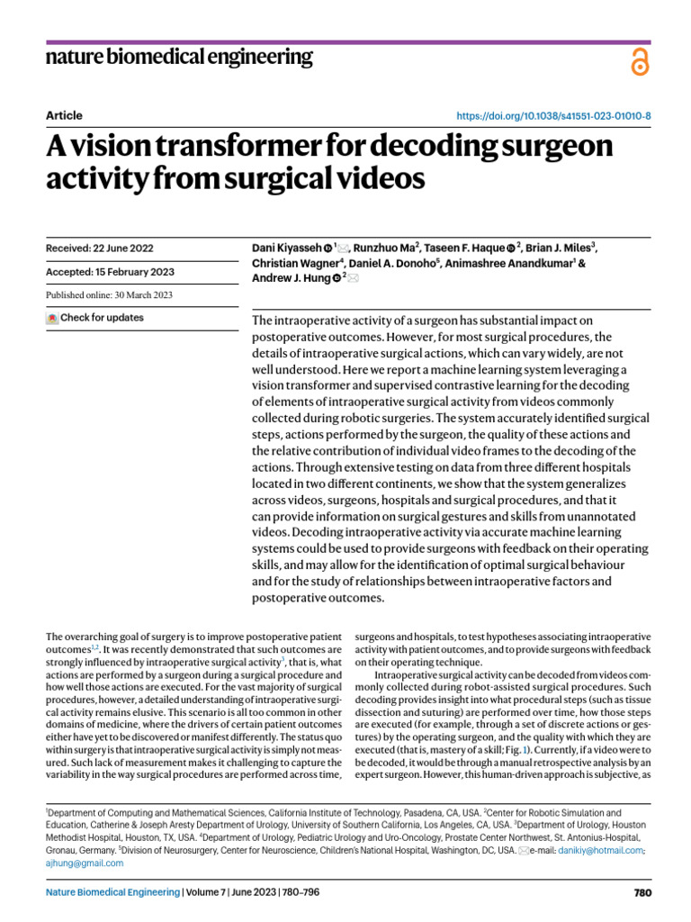 (2023 Nature Biomedical Engineering) A Vision Transformer For Decoding Surgeon Activity From ...